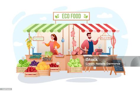 농장 시장 벡터 일러스트 만화 플랫 해피 남자 여자 판매자 캐릭터 작업 유기농 고기 에코 야채와 과일을 판매하는 농부 사람들 농산물 직판장에 대한 스톡 벡터 아트 및 기타