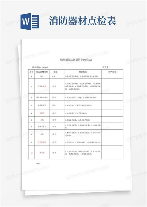 微型消防站物资清单点检表 202007版 Word模板下载 编号lbgwayxb 熊猫办公