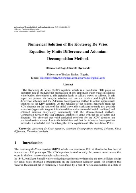 Pdf Numerical Solution Of The Korteweg De Vries Equation By Finite Difference And Adomian