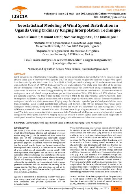 Pdf Geostatistical Modeling Of Wind Speed Distribution In Uganda