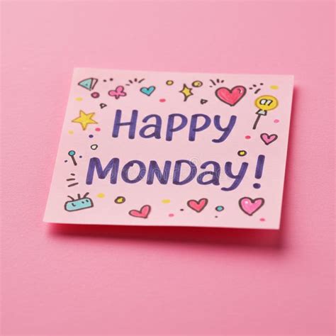Pink Note With Happy Monday Written In Bold Blue Letters Surrounded By Playful Stock