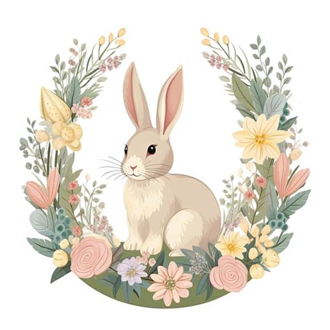 Premium Ai Image Rabbit And Floral Wreath Cute Cartoon Illustration