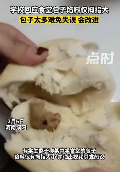 河南一学校食堂包子掰开馅料仅拇指大，校方工作人员称“会改进”：一次要蒸两三千个包子，它不会都完美无缺视频时新闻大小