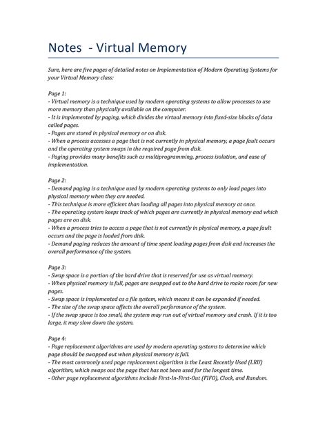Lecture Notes Virtual Memory Notes Virtual Memory Sure Here Are Five Pages Of Detailed