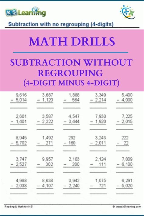 4 Digit Minus 4 Digit Worksheets Free Math Worksheets Math Drills