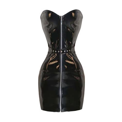 Sexy Black Faux Leather Pencil Bodycon Prom Tube Strapless Mini Dresses Zipper Buckle Front Plus