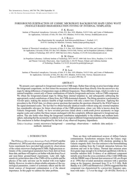 Pdf F K Hansen Et Al Foreground Subtraction Of Cosmic Microwave Background Maps Using Wi