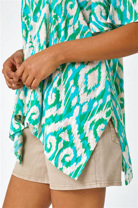 Green Aztec Hanky Hem Cold Shoulder Top Roman Uk