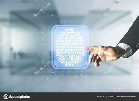 Multi Exposure Of Developers Hand Clicks On Virtual Graphic Fingerprint
