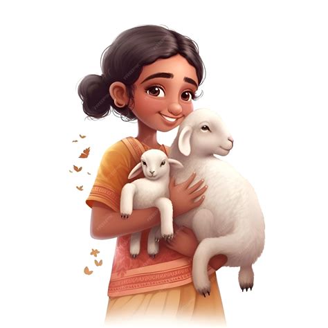Premium Ai Image Indian Girl With White Goatisolated On White