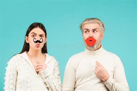 Gender Concept Female And Male Sex Icon Funny Couple Of Woman With Moustache And Man With Red