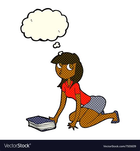 Cartoon Girl Picking Up Book With Thought Bubble Vector Image