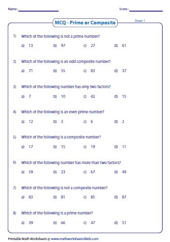Prime And Composite Numbers Worksheets
