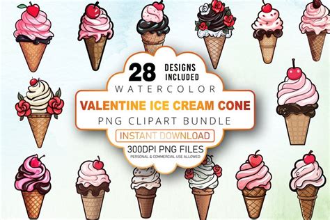 Watercolor Valentine Ice Cream Cone Clipart Bundle