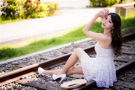 4k Asian Bokeh Sitting Dress Legs Rails Hat Pose Hd Wallpaper