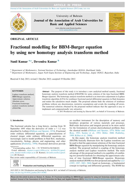 Pdf Fractional Modelling For Bbm Burger Equation By Using New Homotopy Analysis Transform Method