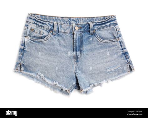 Light Blue Jean Shorts Isolated On White Top View Stylish Clothes