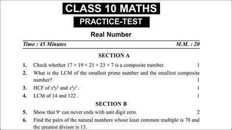 Class 10 Maths Practice Test Chapter 1 Real Numbers Doe Support Material Solution Youtube