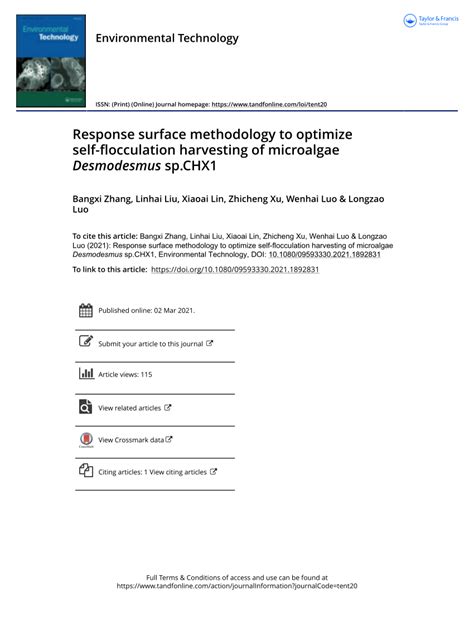 Pdf Response Surface Methodology To Optimize Self Flocculation Harvesting Of Microalgae
