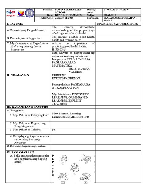 Dlp Health1 Mga Gawain Sa Pagpapanatili Ng Malinis At Malusog Na