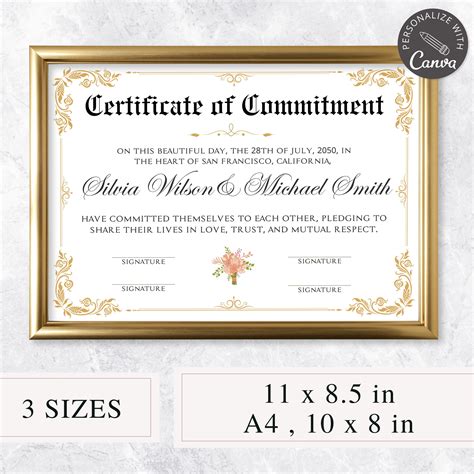 Editable Commitment Certificate Canva Template Custom Marriage