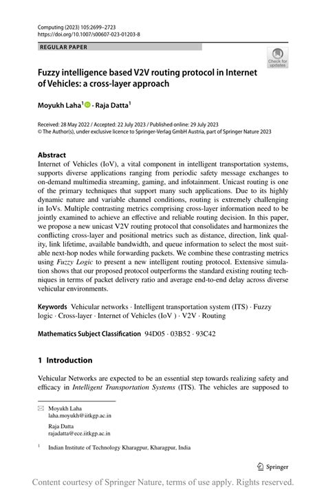 Fuzzy Intelligence Based V2v Routing Protocol In Internet Of Vehicles A Cross Layer Approach