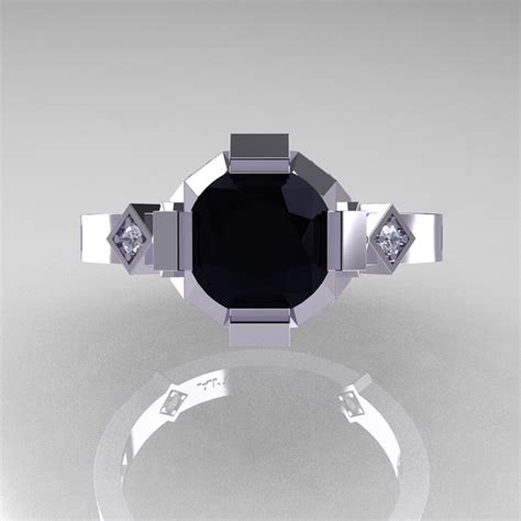 Modern Bridal 14k White Gold 10 Black And White Diamond Solitaire Ring