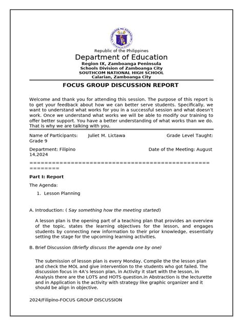 Fgd Report Aug 14 Pdf Teachers Lesson Plan