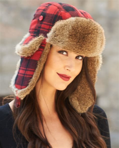 Womens Red Buffalo Check Rabbit Fur Trapper Hat