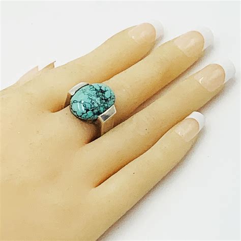 Modernist Heavy Solid Silver Ring With Natural Turquoise Cabochon