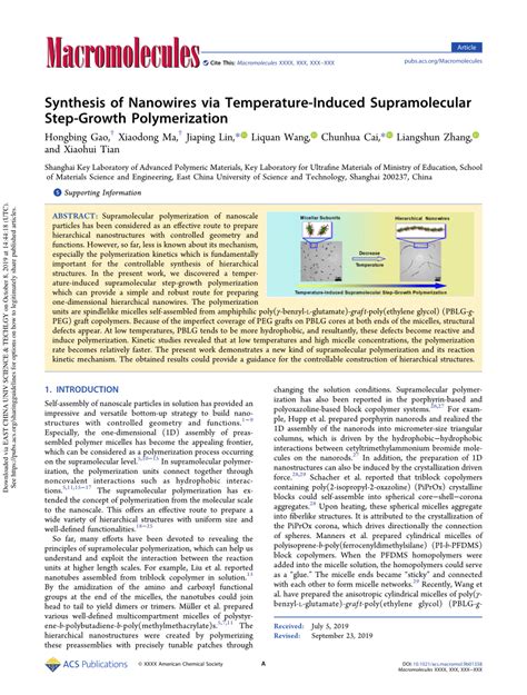 Pdf Synthesis Of Nanowires Via Temperature Induced Supramolecular Step Growth Polymerization