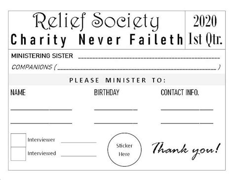 Ministering Assignment Card Relief Society Activities Relief Society