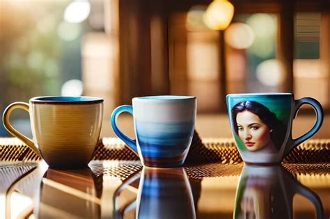 Premium Ai Image A Mug And Mugs On A Table With The Reflection Of A Woman On The Table