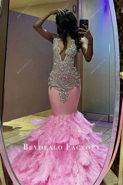 Pink Ostrich Feathers Mermaid V Neck Crystals Prom Dress