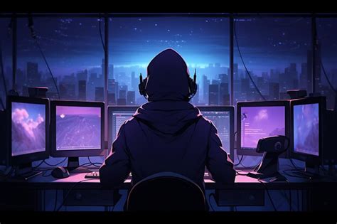 Premium Ai Image Hacker Sitting At The Computer Cyber Security And Antispyware Concept Ai