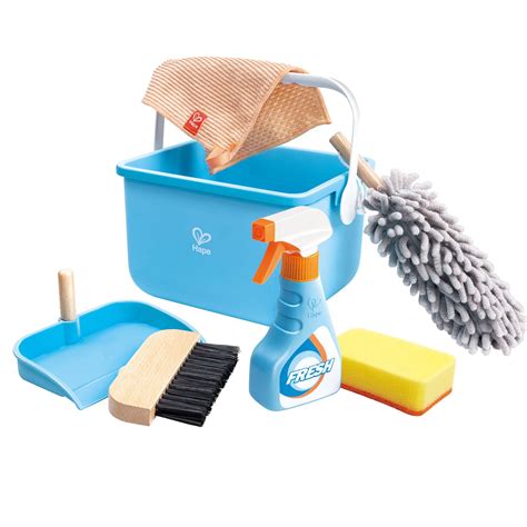 Hape Scoot Around Clean Up Bucket Set 7pc Yellow And Blue Cleaning