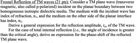 Fresnel Reflection Of Tm Waves 21 Pts Consider A