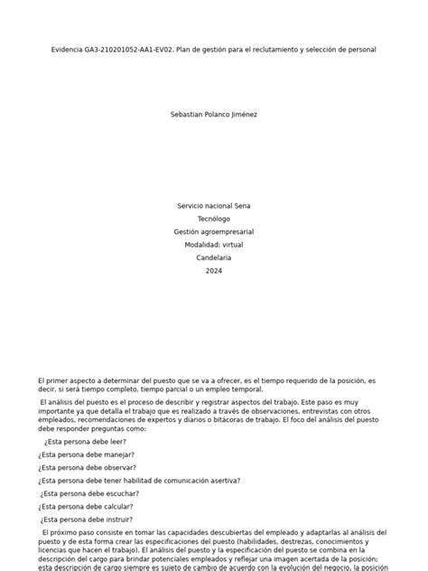 Selecion De Personal Sebastian Polanco Evidencia Pdf Reclutamiento