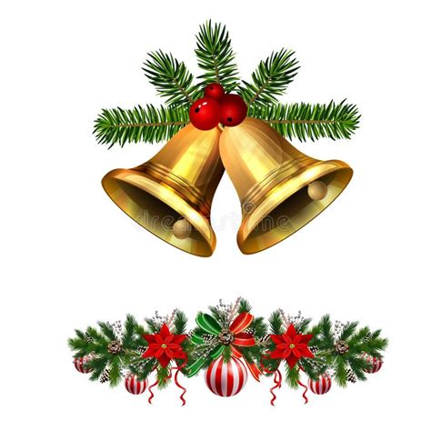 Christmas Decorations With Fir Tree Golden Jingle Bells Stock Vector