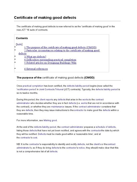Certificate Of Making Good Defects Template