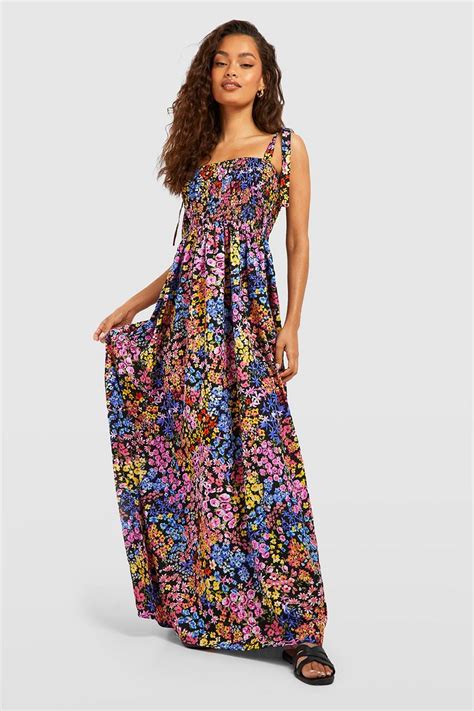 Shirred Floral Strappy Maxi Dress Boohoo Uk