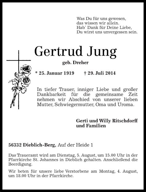 Traueranzeigen Von Gertrud Jung Rz Trauer De