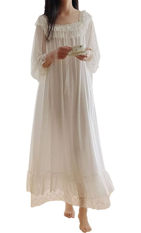 Airvid Womens Lace Vintage Victorian Nightgown Long Sleeve Sleepwear