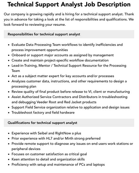 Technical Support Analyst Job Description Velvet Jobs