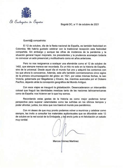 Carta del Embajador de España en Colombia Don Marcos Gómez Martínez con