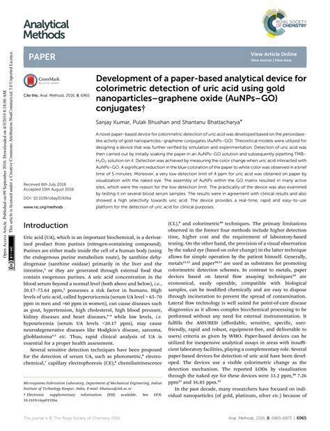 Pdf Development Of A Paper Based Analytical Device For Colorimetric Detection Of Uric Acid