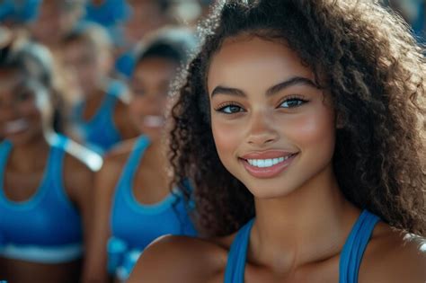 A Team Of African American Female Cheerleaders Smiling In The Stadium