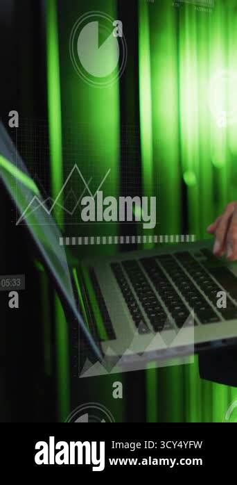 Animation Of Digital Data Processing Over Asian Man With Laptop By Computer Servers Global