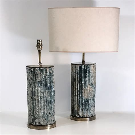 Pair Of Medium Green Grey Rustic Ceramic Lamps On Antique Brass Bases
