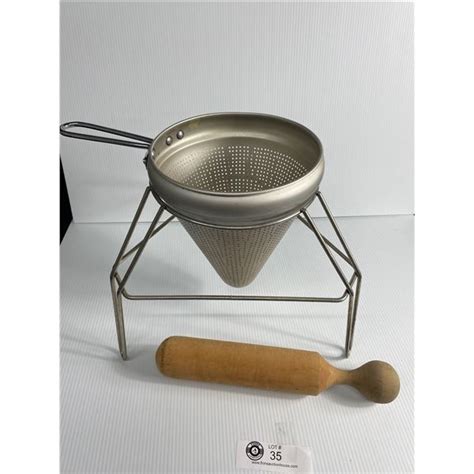 Vintage Metal Cone Sieve On Stand And Wood Pestle